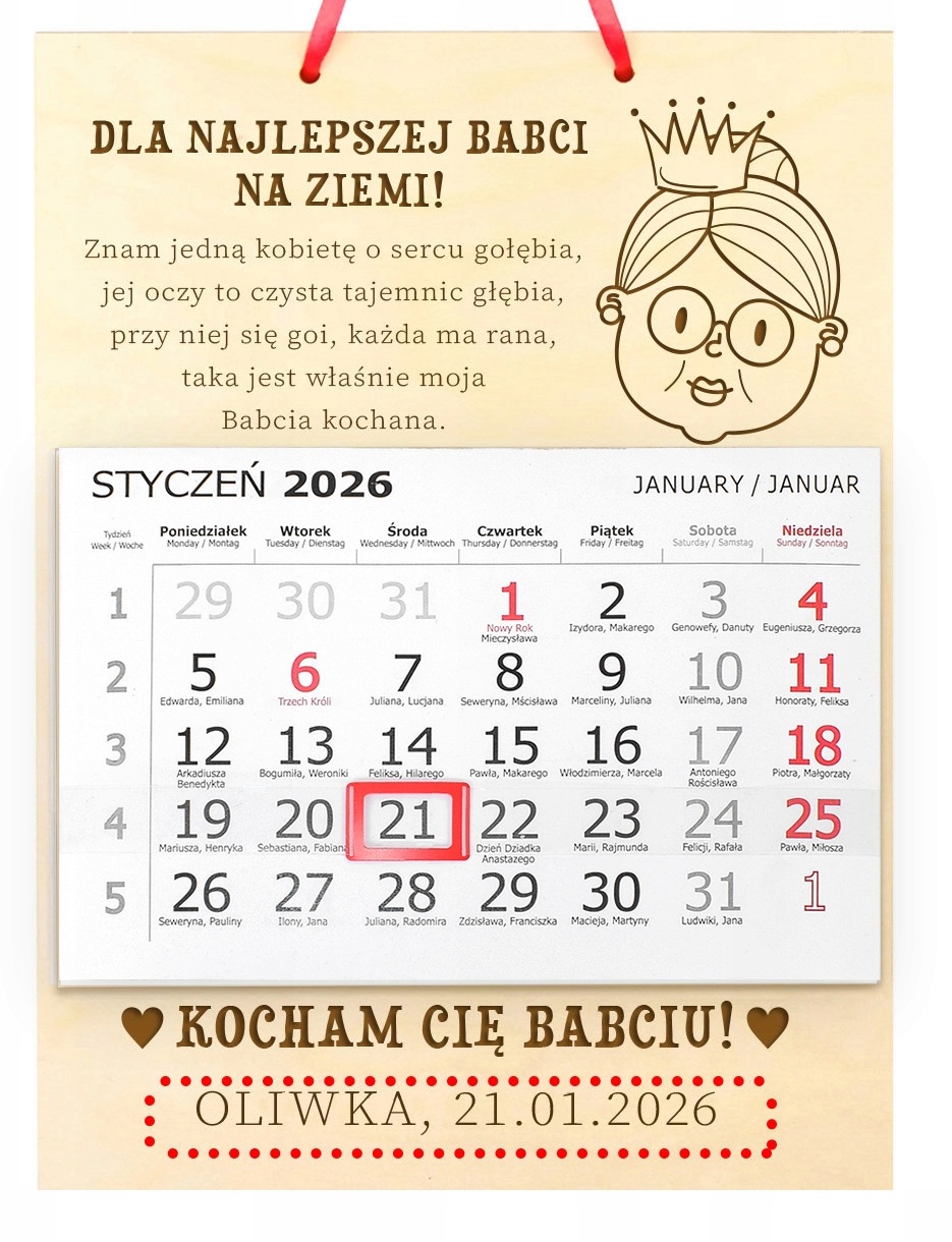Drewniany kalendarz na 2026 rok - "Dla najlepszej babci na Ziemi" - Pol-Ana
