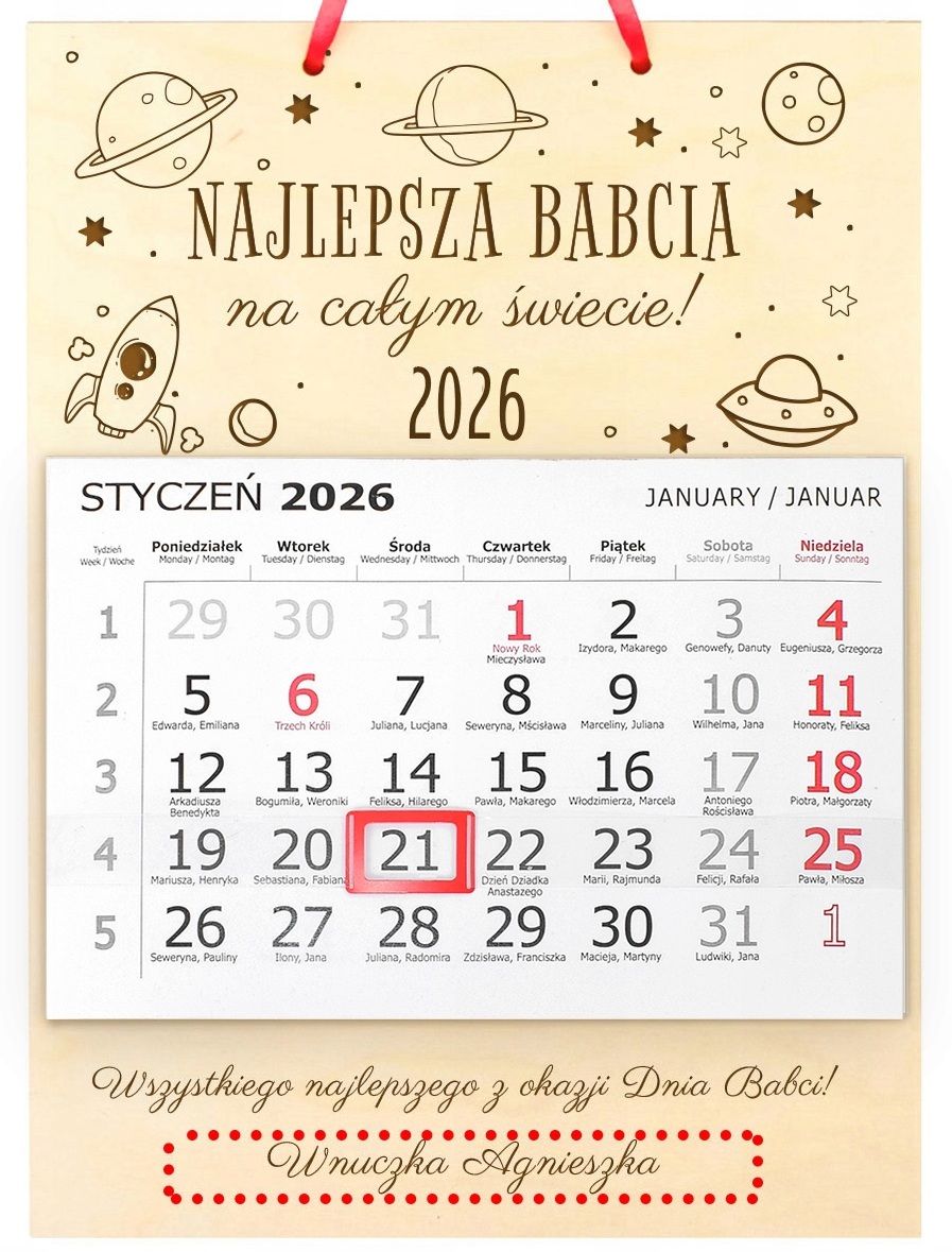 Drewniany kalendarz na 2026 rok – “Najlepsza babcia na calym swiecie ...